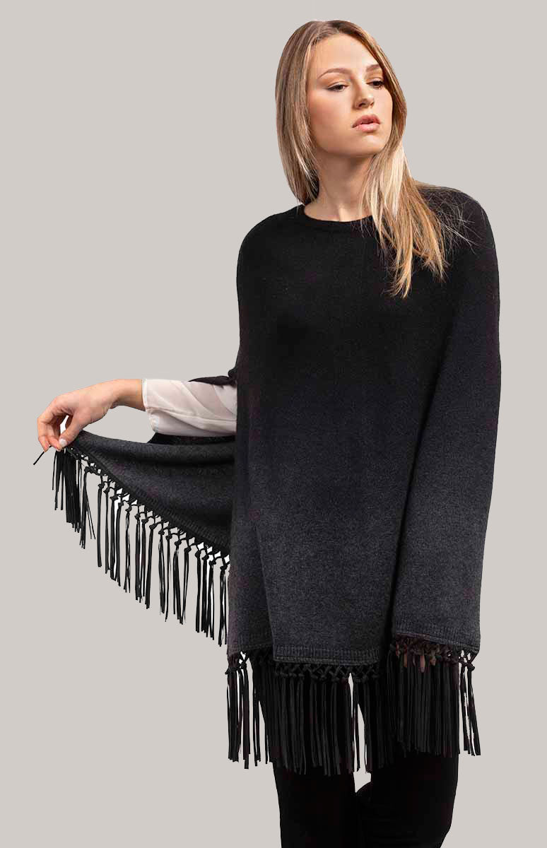 Shade Poncho with leather fringes 4-ply – ONECASHMERE